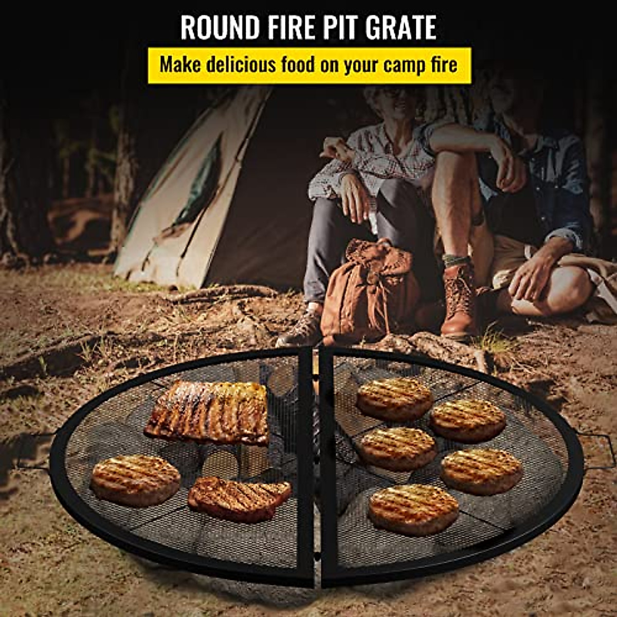 VEVOR Fire Pit Cooking Grill Grate 36 Inch, Foldable Round Cooking Rack, Heavy Duty X-Marks Campfire BBQ Grill with Portable Handle & Support Wire for Outdoor Picnic Party & Gathering, Black