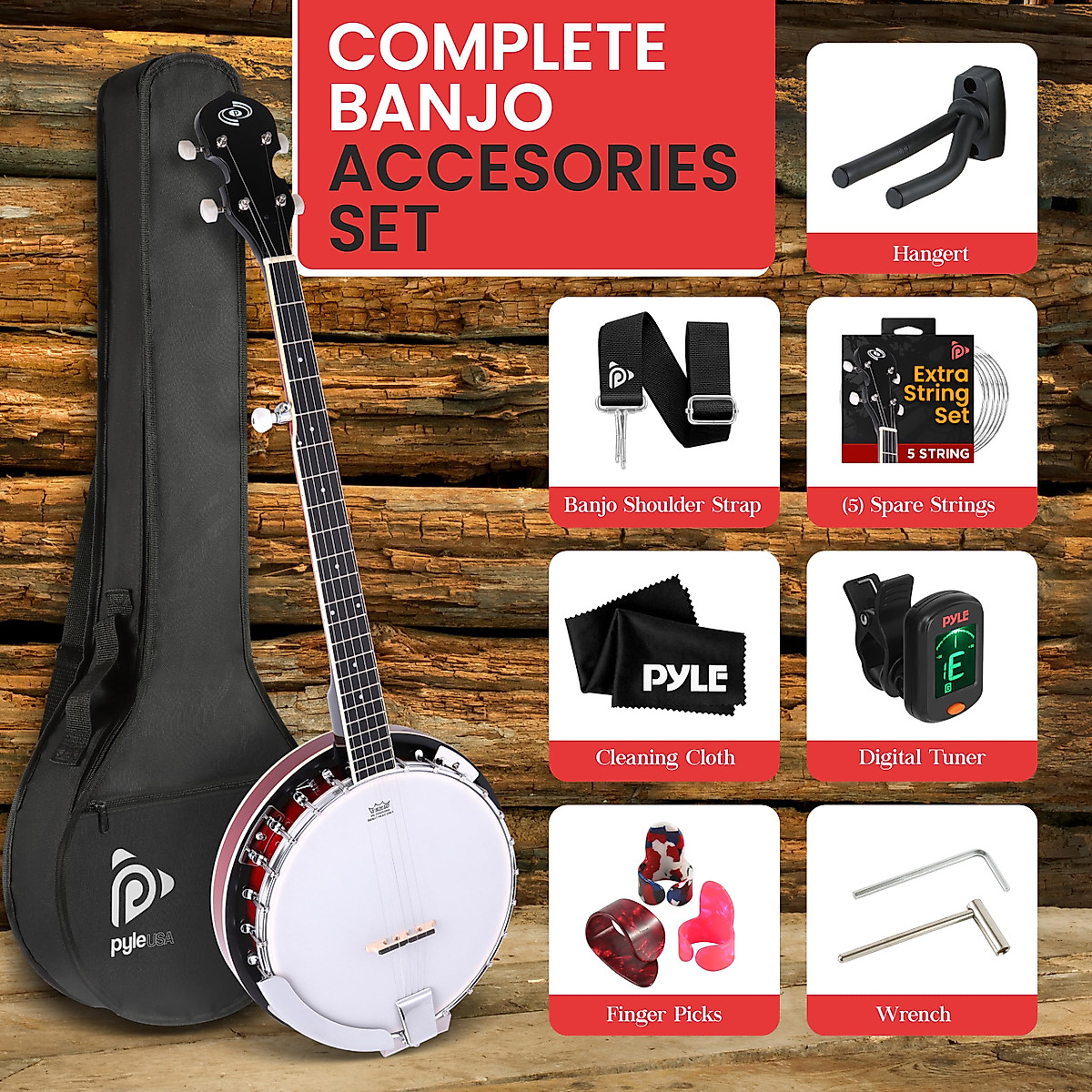 Pyle Banjo Kit with Remo Head and Sapele Resonator, 39" Full Size Traditional Open or Closed Back 5 String Instrument with 24 Brackets, Geared 5th Tuner, Premium Accessory Kit (Red Burst)