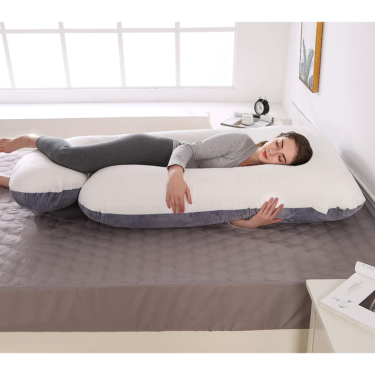 yoyomax J-Shaped Pregnancy Pillows, Full Body Maternity Pillow Memory Foam Pregnancy Pillow with Removable Velvet Cover, 57 Inch Pregnancy Pillows for Sleeping-GREYWHITE