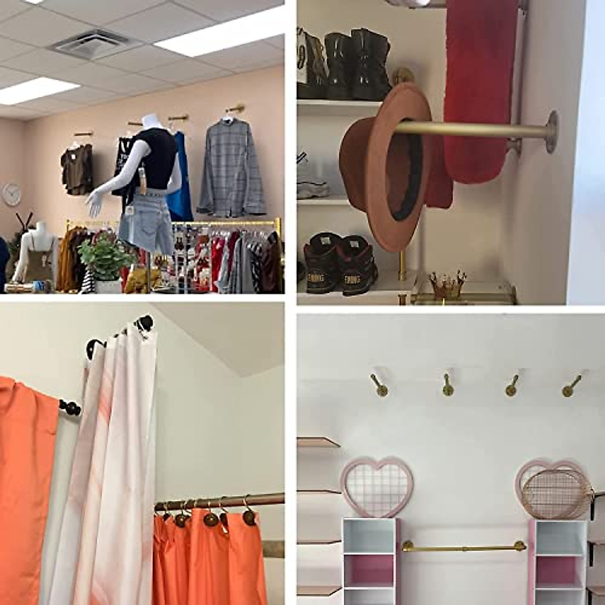 Industrial Gold Pipe Shelf Brackets, 10 Inch Pipe Clothing Rack, 4 Pcs Heavy Duty Industrial Pipe Clothes Hanging Rod, Wall Mounted Garment Holder for Bedroom, Bathroom, Boutique, Clothing Store