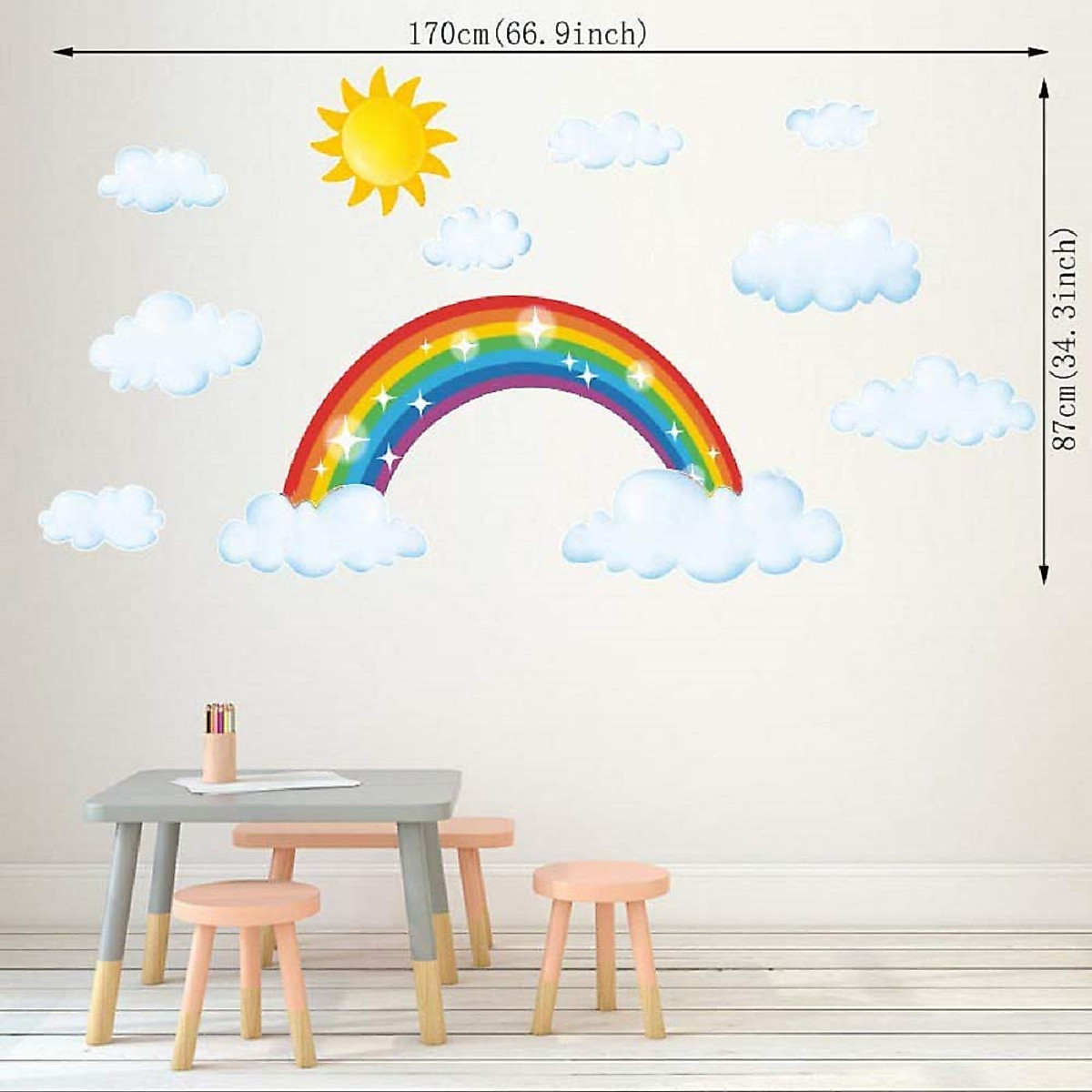 Large Sparkling Rainbow Wall Decal 21.6 x43.7inch, Rainbow Cloud Sun Wall Sticker, Peel and Stick Removable Rainbow with Sun Clouds Wall Stickers Wall Mural for Kids Nursery Bedroom