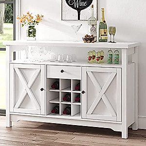 4 EVER WINNER Coffee Bar Cabinet Farmhouse, 47” Kitchen Buffet Storage Cabinet with Wine and Glass Racks, Storage Drawers, Wine Bar Cabinet with Barn Door for Kitchen, Dining Room, White