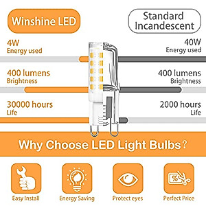 winshine G9 LED Bulb 3000K Warm White, G9 Light Bulb 4W (40W Halogen Equivalent), G9 Bi Pin Ceramic Base 360°Beam Angle 400 Lumen for Chandelier Ceiling Pendant Lighting No-Dimmable, 6 Pack