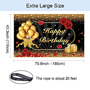 Happy Birthday Decorations for Women Men, Black Gold Happy Birthday Banner Porch Signs Large Backdrops Party Decor Supplies Photography Background Flag - 3 Pcs