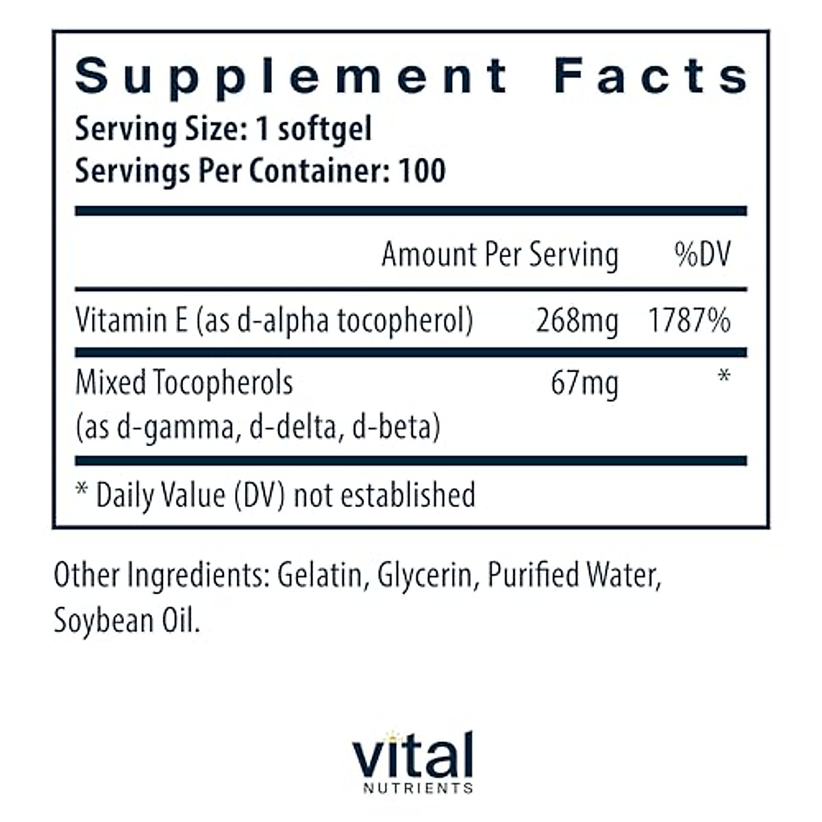 Vital Nutrients Vitamin E with Mixed Tocopherols | Potent Antioxidant Supplement to support Cardiovascular Health* | Gluten and Dairy Free | 100 Softgels
