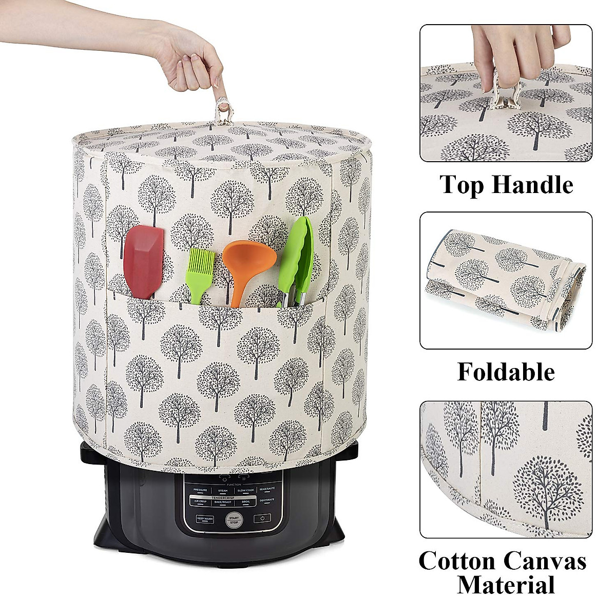 Yarwo Pressure Cooker Cover Compatible with 6.5 qt and 8 qt Ninja Foodi, Small Appliance Dust Cover with Top Handle and Pocket for Attachments, Tree