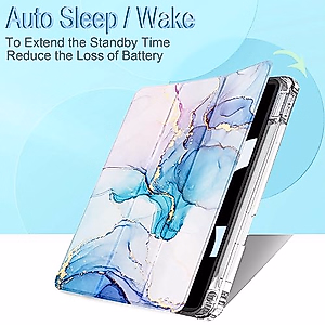 iPad Air 5th Generation case, Feams Slim Trifold iPad Air 5th/4th Generation 10.9 Inch 2022/2020 Case Clear Back Cover with Auto Sleep/Wake & Pencil Holder for iPad Air 5/4, Watercolor Marble