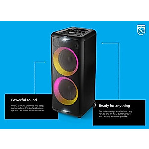 Philips X5206 Bluetooth Party Speaker with Extra bass, Up to 14 Hours Battery, Party Lights and Karaoke Effects, Microphone and Guitar Input, Audio-in, USB Charging, Built-in Trolley, TAX5206
