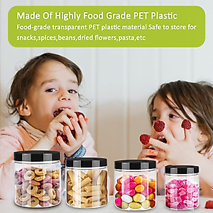 12pcs Plastic Jars with Lids 16 oz & 8 oz & 4 oz, Leakproof Storage Containers Clear Plastic Mason Jars for Peanut, Spice, Cookie, Candy and Dry Food Wedding Shower Party Favors