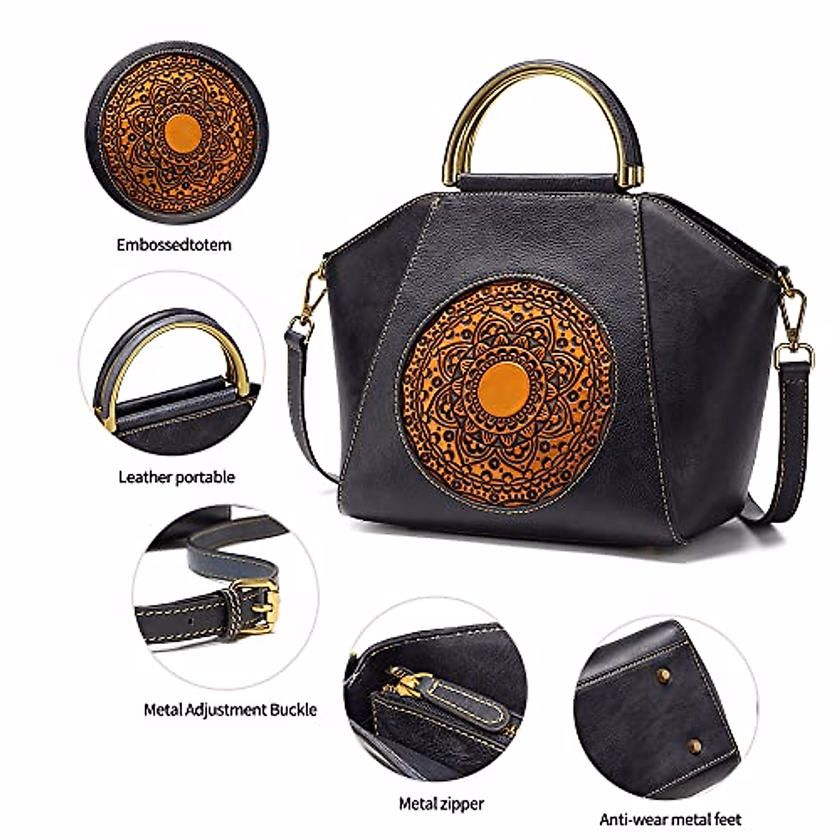 Women Genuine Leather Handbags, Organizer Retro Vegetable Tanning leather bag Vintage Embossing Totem Shoulder Bag (black)