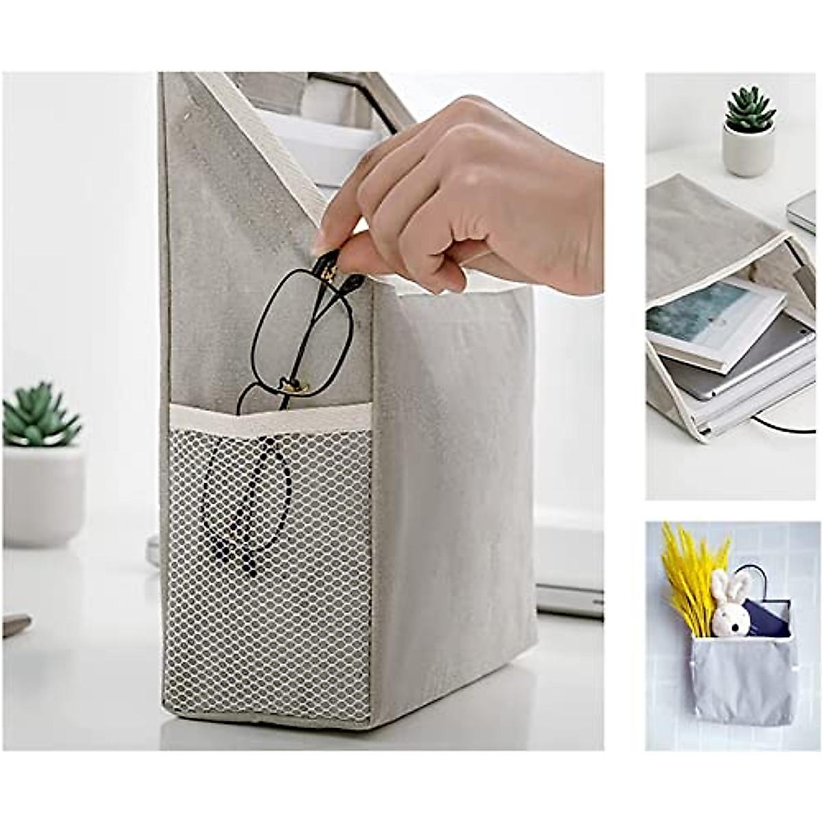 Laoyello Wall Hanging Storage Bag with Sticky Hook, Fabric Wall Hanging Organizer Bag with Pockets for Door Kitchen Bedroom Bathroom (A2 Grid-Grey and White)