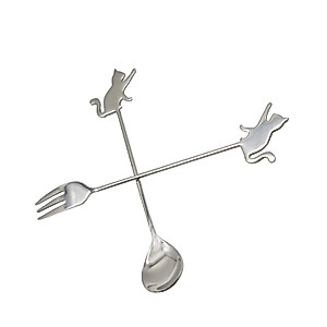 Maydahui 6PCS Cat Fish Spoon and Fork Cute Coffee Animal Spork 5.8 inch 18/10（304）Stainless Steel Teaspoon Dessert Drink Sugar Spoons Fruit Forks Tableware