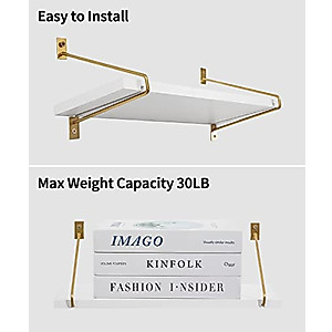 Godimerhea White Floating Shelves for Wall, Set of 2 Wall Mounted Hanging Wood Shelf with Gold Brackets, Modern Luxury Decorative Organizers Storage Shelves for Bathroom, Living Room, Bedroom