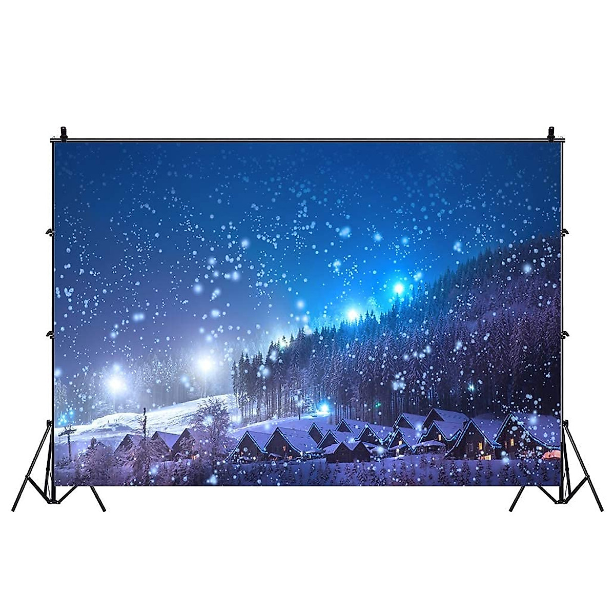 Leowefowa 7X5FT Christmas Backdrop Rustic Village Night View Forest Trees Snowing Shining Lights Blue Sky Winter Xmas Vinyl Photography Background Kids Children Adults Photo Studio Props