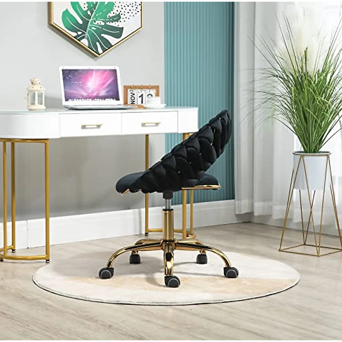 Velvet Home Office Desk Chair, Modern Adjustable Swivel Task Chair, Upholstered Cute Vanity Chair with Woven Back, Tufted Computer Chair with Gold Metal Base for Office, Bedroom, Study, Black