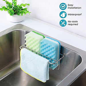 KESOL Adhesive Kitchen Sink Sponge Holder + Dish Cloth Hanger + Soap Holder, 2-in-1 Kitchen Sink Caddy, 304 Stainless Steel Rust Proof, Water Proof, No Drilling (Silver)