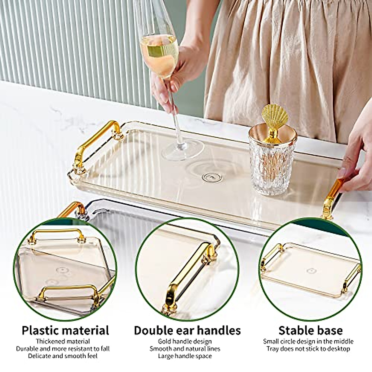 Acrylic Serving Tray with Handles Ottoman Coffee Table Tray, Decorative Trays for bar Living Room Bathroom Countertop 16x8.7x1.4 Inch (Amber)