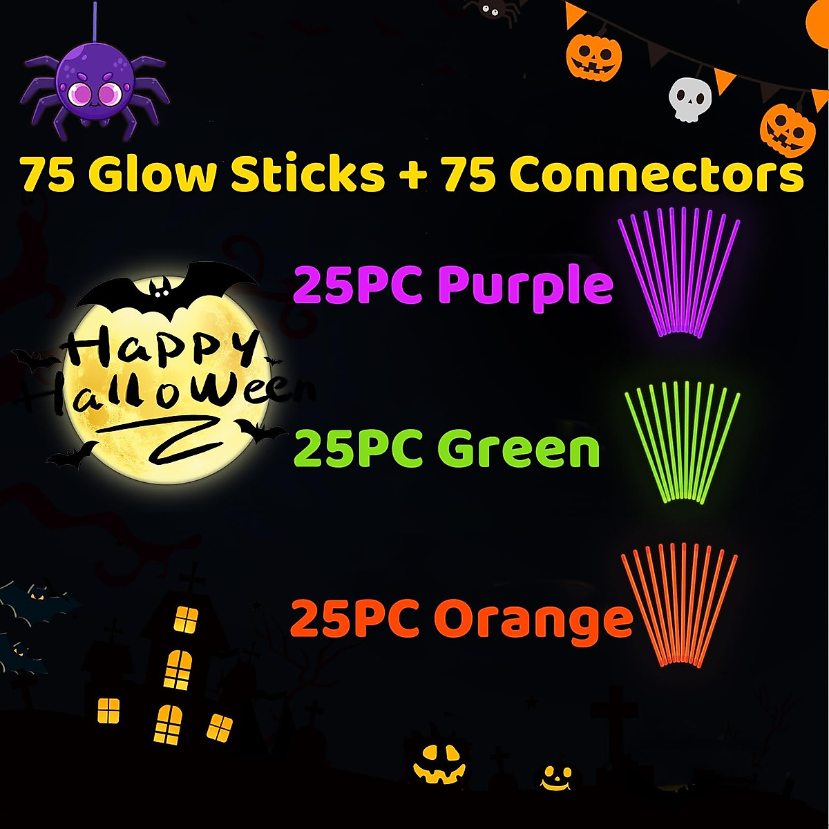 UURM 75 Halloween Glow Sticks for Halloween Party Favors with Connectors, Purple Orange Green Halloween Glow in the Dark Party Supplies, Halloween Goodie Bag Fillers (Purple+Green+Orange)