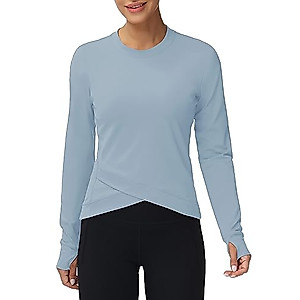 Women's Long Sleeve Compression Shirts Workout Tops Cross Hem Athletic Running Yoga T-Shirts with Thumb Hole Denim Blue