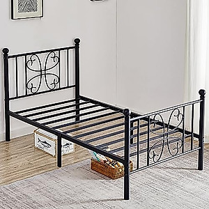 VECELO Twin Metal Platform Bed Frame Mattress Foundation with Iron-Art Headboard and Footboard, No Box Spring Needed, Noise-Free, Easy Assembly, Under Bed Storage