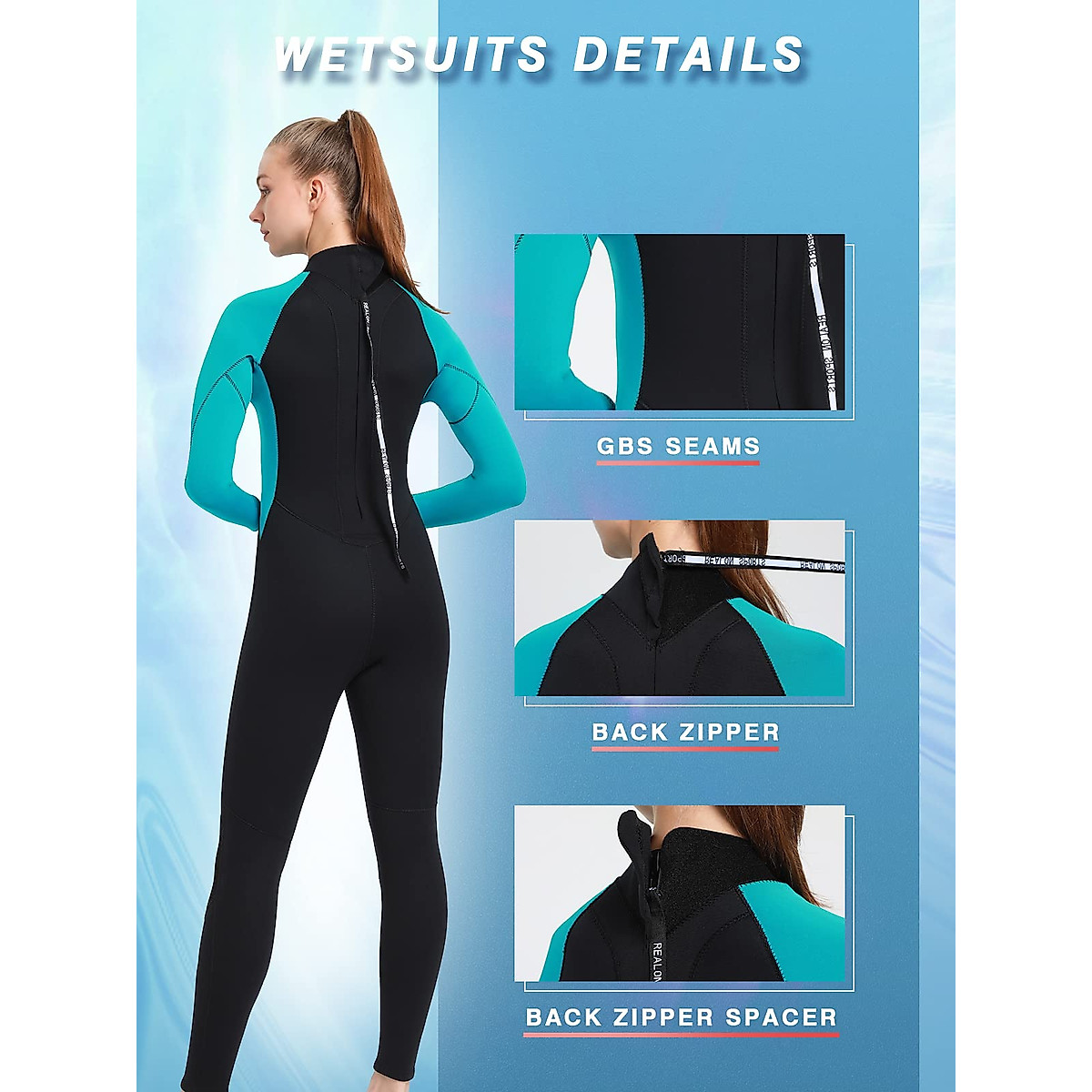 REALON Wetsuit Men 4/5mm Womens Neoprene Full Body Thermal Scuba Diving Suits, 5/4mm One Piece Wet Suit Cold Water Swimsuits for Surfing Snorkeling(4/5mm Blue, Medium)
