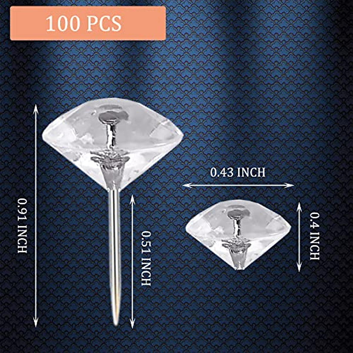 100Pcs Clear Push Pins for Cork Board, Decorative Thumb Tacks for Wall Hangings, Transparent Diamond Push Pin for Bulletin Board, Crystal Head Tacks for Posters, Office, Maps, Sofa, Office, Classroom