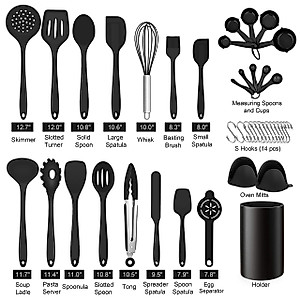 Homikit 42 Pieces Black Kitchen Cooking Utensils Set with Holder, Nonstick Silicone Utensil Spatula for Cooking, Heat Resistant Kitchen Tools Spoon Turner Whisk for Cookware, Dishwasher Safe