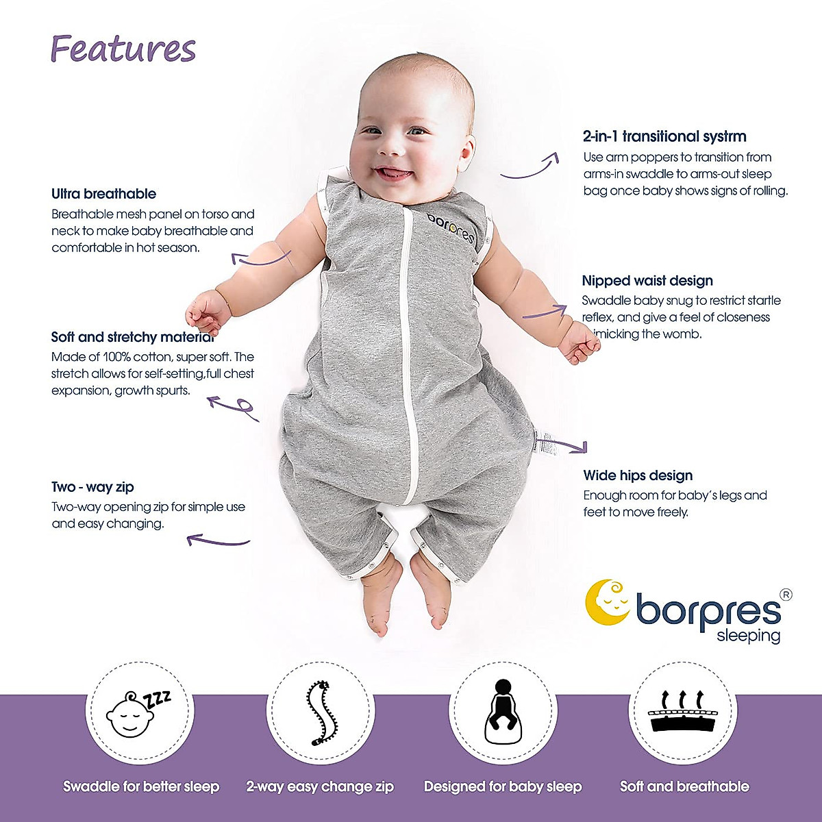 BORPRES Baby Swaddle,Infant and Newborn（Baby） Swaddle with 2 in 1 Transitional System,Ultra Breathable and Snuggly Sleeping Bag,Enhanced Comfort and Improved Sleep,3-9 Months,Hemp Gray