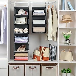 TOPIA HOME 6-Shelf Hanging Closet Organizer, Two Separable 3-Tier Heavy Duty Closet Organizer, Hanging Closet Shelves with Pockets for Clothes, Sweater, Shoe, Purse, Nursery, 12" Dx12 Wx48 H, Gray