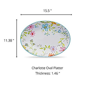 Euro Ceramica Charlotte Collection Stoneware Entertaining Serveware, 15" Oval Platter, Watercolor Floral/Garden Design, Multicolor