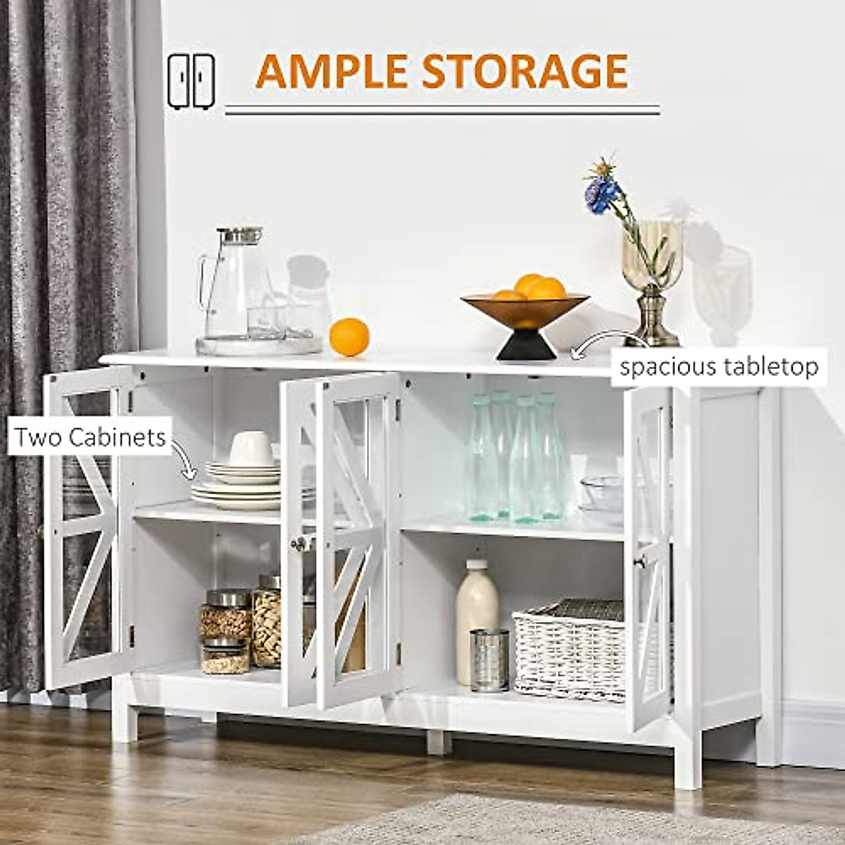HOMCOM Sideboard, Buffet Cabinet with Tempered Glass Doors and Adjustable Storage Shelf, Credenza, White
