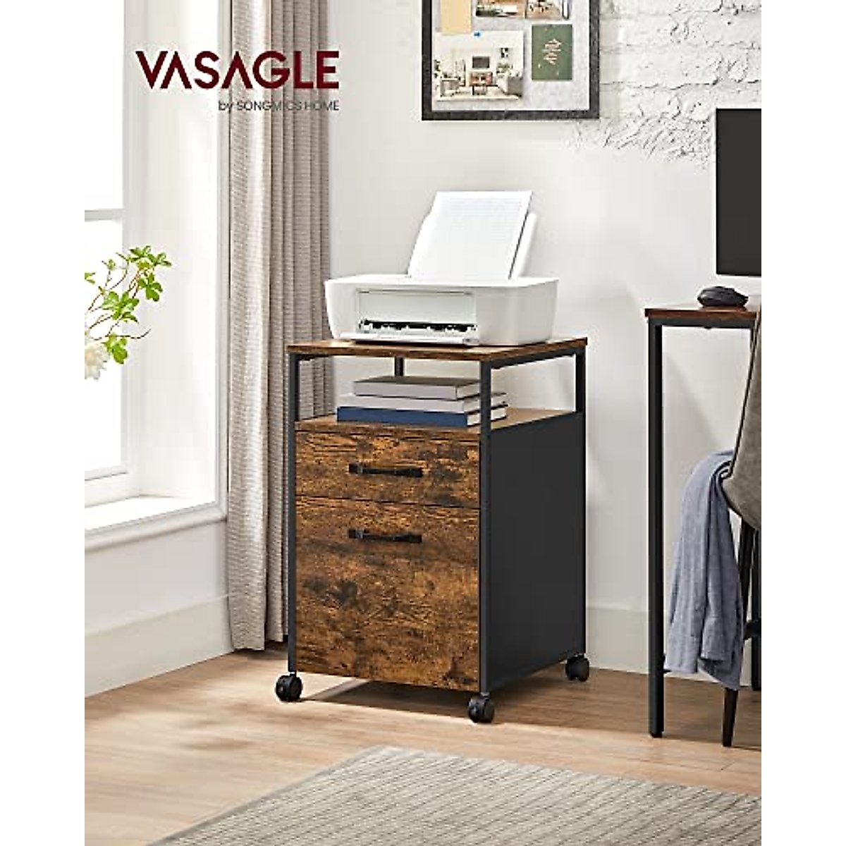 VASAGLE File Cabinet, Mobile Filing Cabinet with Wheels, 2 Drawers, Open Shelf, for A4, Letter Size, Hanging File Folders, Rustic Brown and Black UOFC71X