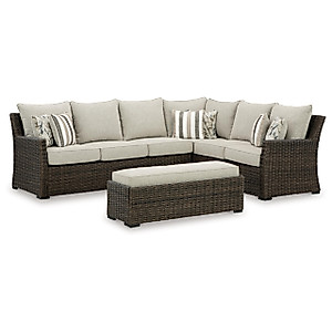 Signature Design by Ashley Brook Ranch Casual Weather Resistant Right Hand Facing Outdoor Sofa Sectional/Bench with Cushion and 6 Throw Pillows, Set of 3, Beige & Dark Brown