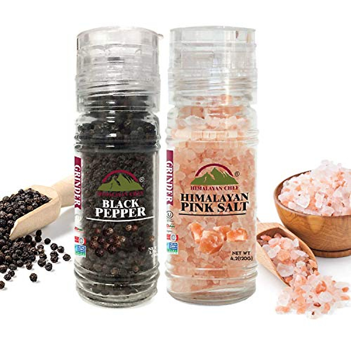 Himalayan Chef Pink Salt & Black Pepper Refillable Glass Grinder, User Friendly, and Easy-to-Use Design - Vegan & Kosher Certified, Idle for Cooking & Seasoning | set of 2