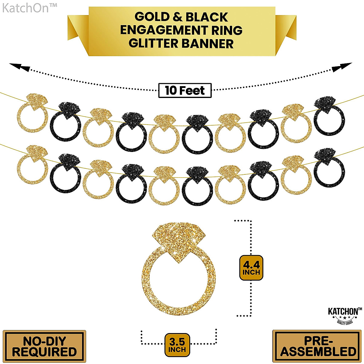 KatchOn, Black and Gold Engagement Ring Banner - 10 Feet, Pre-Strung, No DIY | Bachelorette Party Decorations | Engagement Banner | Black and Gold Bridal Shower Decorations | Engagement Party Decor