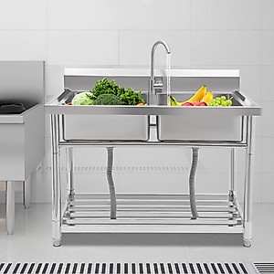 Stainless Steel Utility Sink, Free Standing Commercial Double Bowl Sink with Faucet, for Restaurant, Cafe, Workshop, Kitchen, Garage, Laundry Room, Outdoor