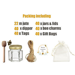 Adabocute 40 Pack Mini Honey Jars with Wood Dipper | Gold Lid | Bee Pendants| | Beige Gift Bags | Thanks for Beeing Here Tags | Ideal for Baby Showers & Wedding Favors