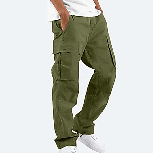 Mens Pants, Pants Men Loose Fit Pants Big and Tall Flannel Lined Cargo Pants for Winter Men's Overalls Drawstring Multi Pocket Casual Pants Hiking Cotton Twill Combat Pants Pants (M, Green)