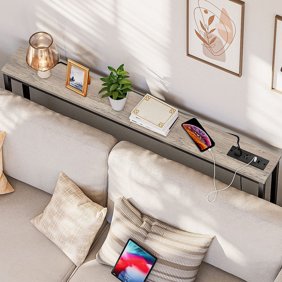 HOOBRO 47.2" Skinny Console Table with Power Outlets, 5.9" Behind Couch Table with Charging Station, Narrow Sofa Table, Long and Thin Table for Entryway, Living Room, Greige BG15XG01G1