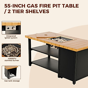 Grand patio 4-Piece Outdoor Furniture Set with Gas Fire Pit Table, Aluminum Patio Sofa Set for 8 with Faux Wood Grain Finish, Modern Patio Couch Sofa with Outdoor Bench and Chaise for Backyard