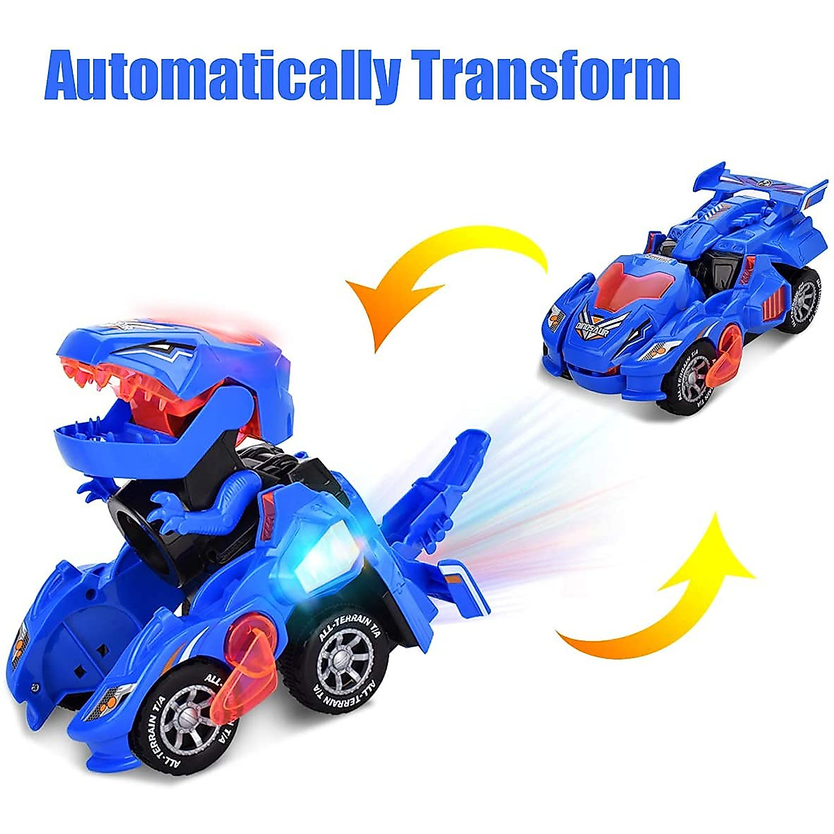 INLAIER Transforming Dinosaur Toys, Transforming Dinosaur Car with LED Light and Music Automatic Transform Dino Car for 2 and Up Year Old Kids Christmas Birthday Gifts (Blue)