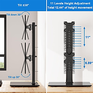 ErgoFocus Vertical Dual Monitor Stand, Stack Two Computer Screens up to 32 inches Each, Free-Standing Monitor Desk Mount, Monitor Mount with Height Adjustment, Swivel, VESA Stand 75/100x100mm