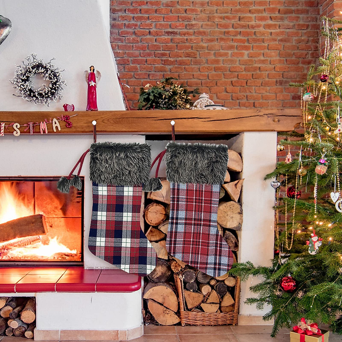 Christmas Stockings Personalized with Dog Paws Buffalo Plaid 18" Large Stocking Xmas Hanging Socks Red Set Modern Art Decor Set for Farmhouse Tree Fireplace Gifts Home Kitchen Car Season