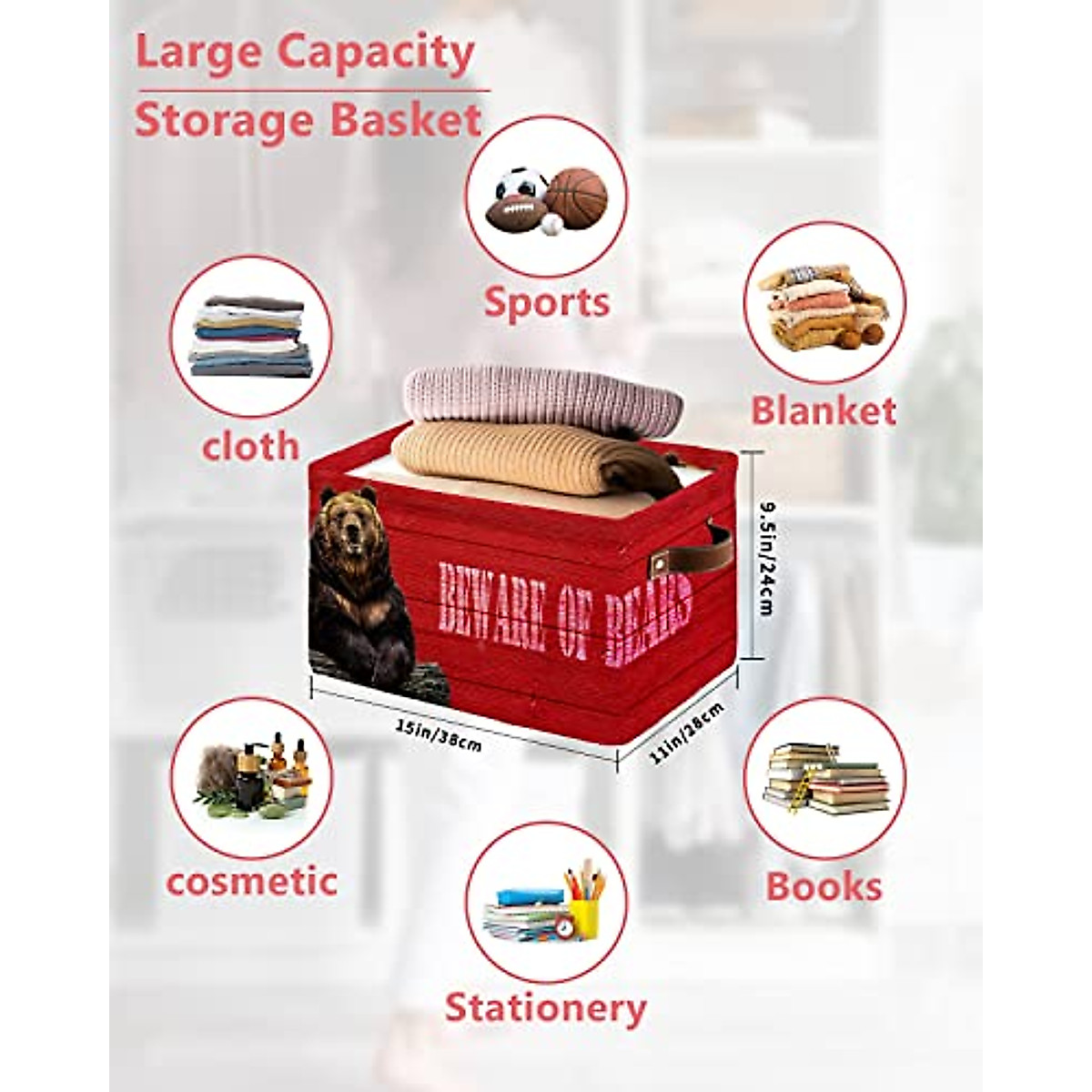 Animal Bear Retro Red Farm Wood Grain White White Slogan Cube Storage Organizer Bins with Handles,15x11x9.5 Inch Collapsible Canvas Cloth Fabric Storage Basket,Books Toys Bin Boxes for Shelves,Closet
