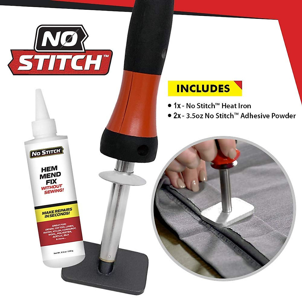 No Stitch Handheld Heat Iron Repair Kit for Fabric - Electric Pressing Wand & Fabric Adhesive Powder Set for Easy Clothing Fixes | Machine Washable | Hemming, Seams, Tears - As Seen On TV