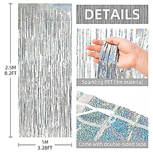 6 Pack Foil Fringe Backdrop Curtains, 3.28 x 8.2 ft Laser Silver Tinsel Streamers Metallic Tinsel Foil Fringe Curtains Photo Booth Backdrop for Birthday Bridal Shower Christmas Party Decorations