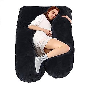 Pregnancy Body Pillows for Sleeping, U Shaped Full Body Pillow for Adults, Maternity Pillows for Women, Support Neck, Back, Belly, Legs, Hip, Removable Velvet Cover Washable, 55 inches Black