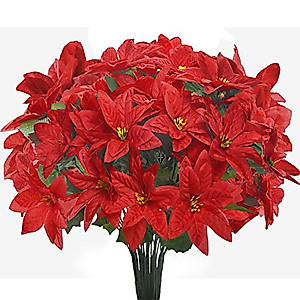 Artflower 6 Pack Red Artificial Poinsettia Bushes 14.6'' Silk Artificial Poinsettia Bouquet Fake Poinsettia Plant Christmas Flowers for Home Garden Indoor Outdoor Christmas Decorations