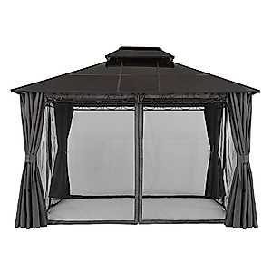 COOSHADE 10×12 Polycarbonate Roof Patio Gazebos Double Vent Waterproof Outdoor Gazebo with Curtains and Mosquito Netting (Dark Grey)