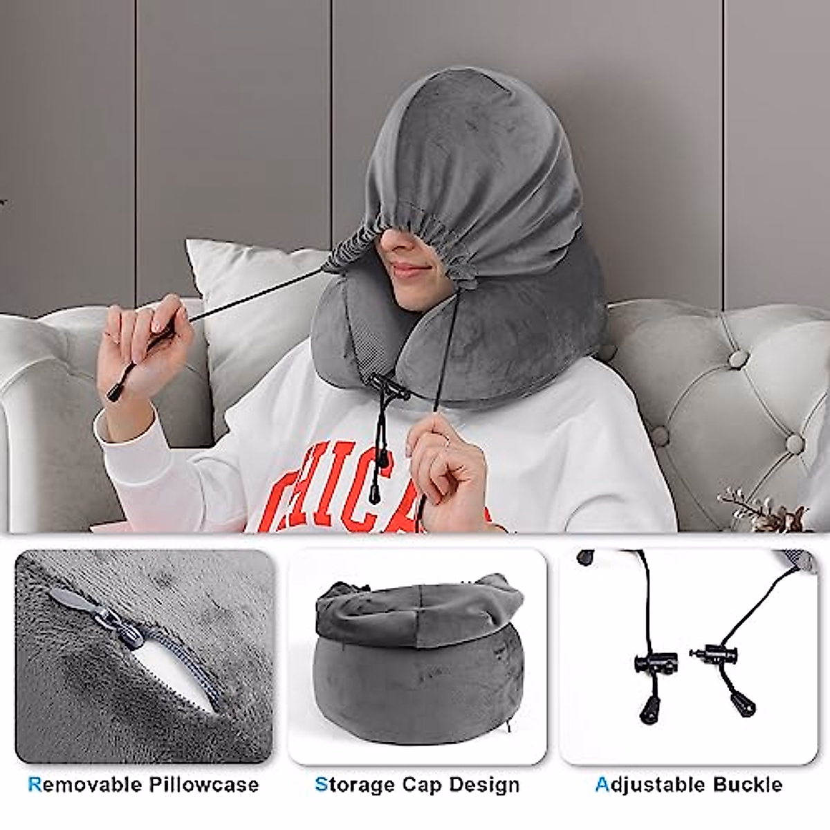 Ustenroya Neck Pillow for Sleeping Travel Travel Pillows for Airplanes 100% Pure Memory Foam Neck Pillow, Portable Pillow for Office Cars Trains Long Flights Sleeping (Grey)